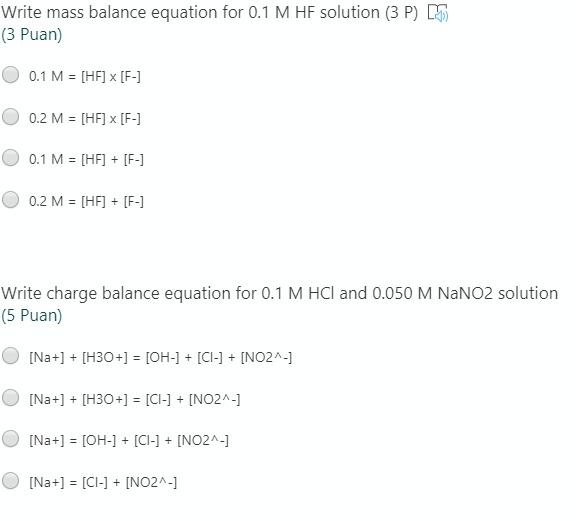 Solved Write mass balance equation for 0.1 M HF solution | Chegg.com
