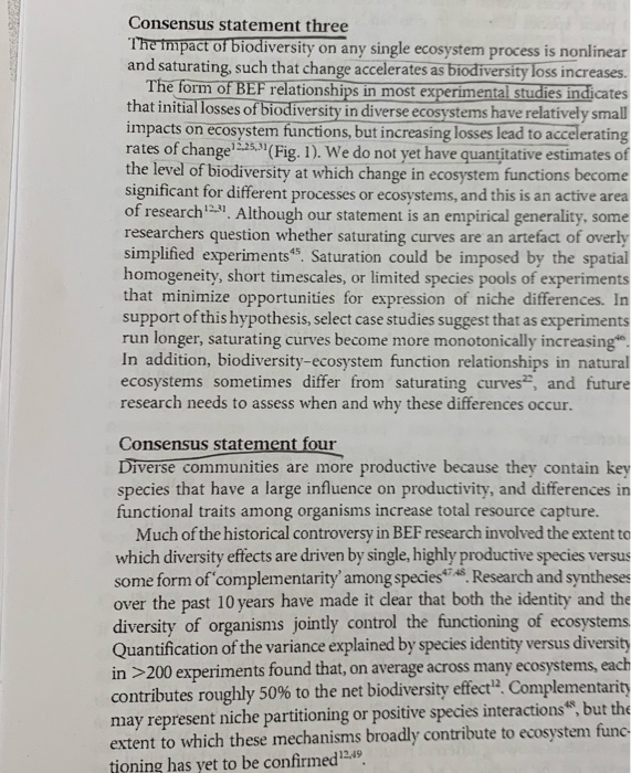 Solved Consensus statement three t'he mpact of biodiversity | Chegg.com