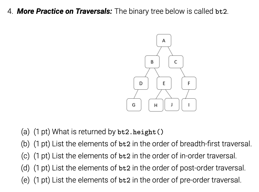 Solved 4. More Practice on Traversals: The binary tree below | Chegg.com