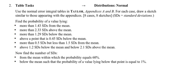 Solved 2. Table Tasks Distributions: Normal Use the normal | Chegg.com
