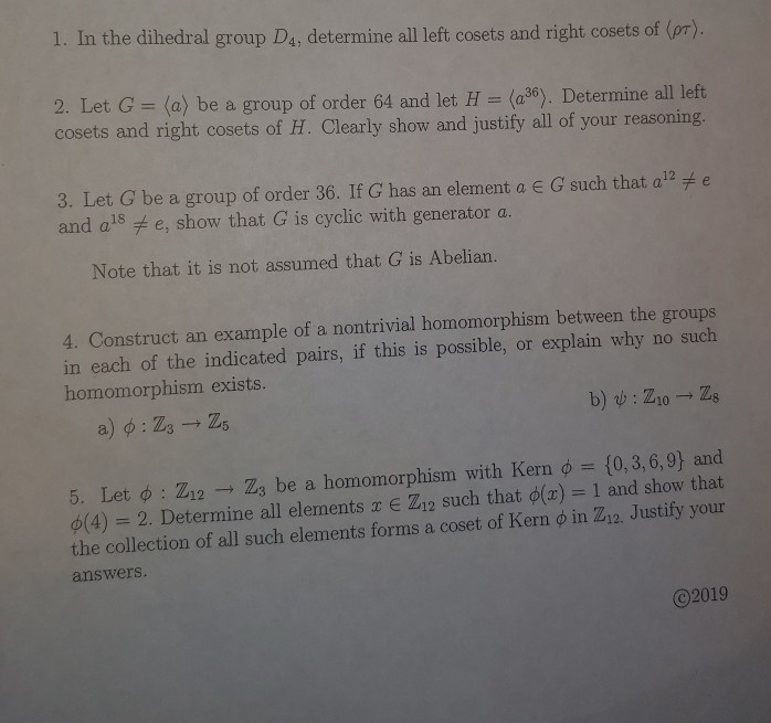 Solved 1. In the dihedral group D4, determine all left | Chegg.com