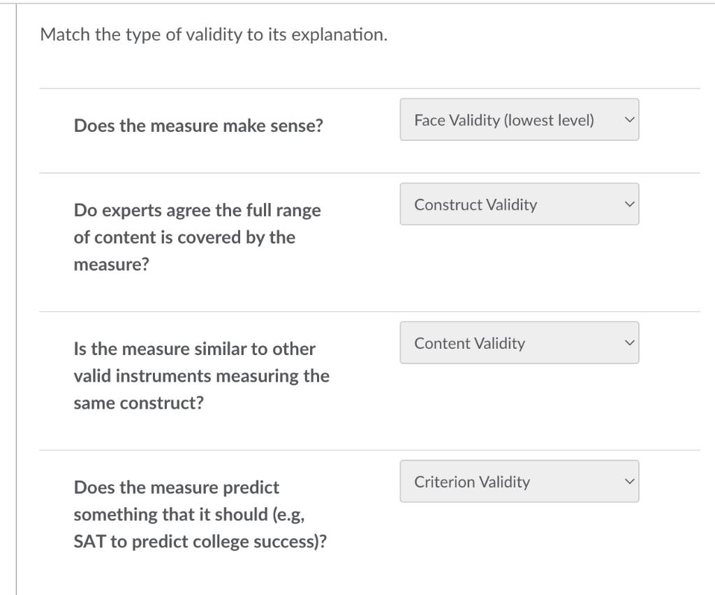 Match the type of validity to its explanation. Does | Chegg.com Match the type of validity to its explanation. Does | Chegg.com