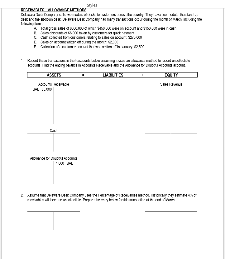 Solved Styles RECEIVABLES - ALLOWANCE METHODS Delaware Desk | Chegg.com