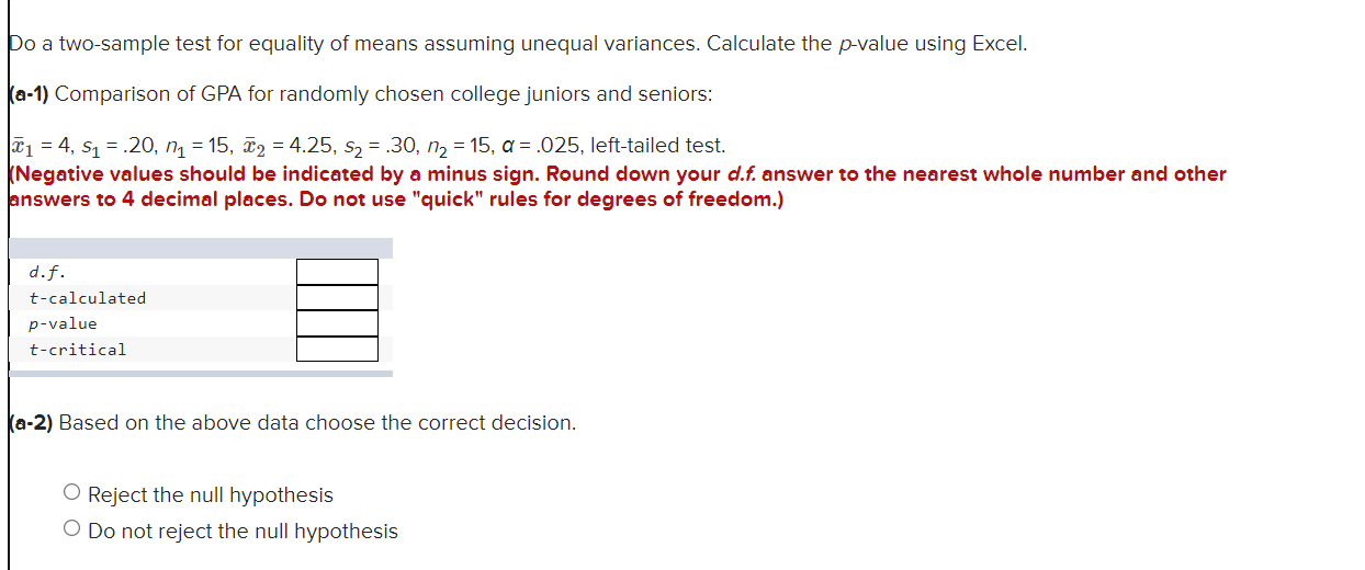 Do a two-sample test for equality of means assuming | Chegg.com