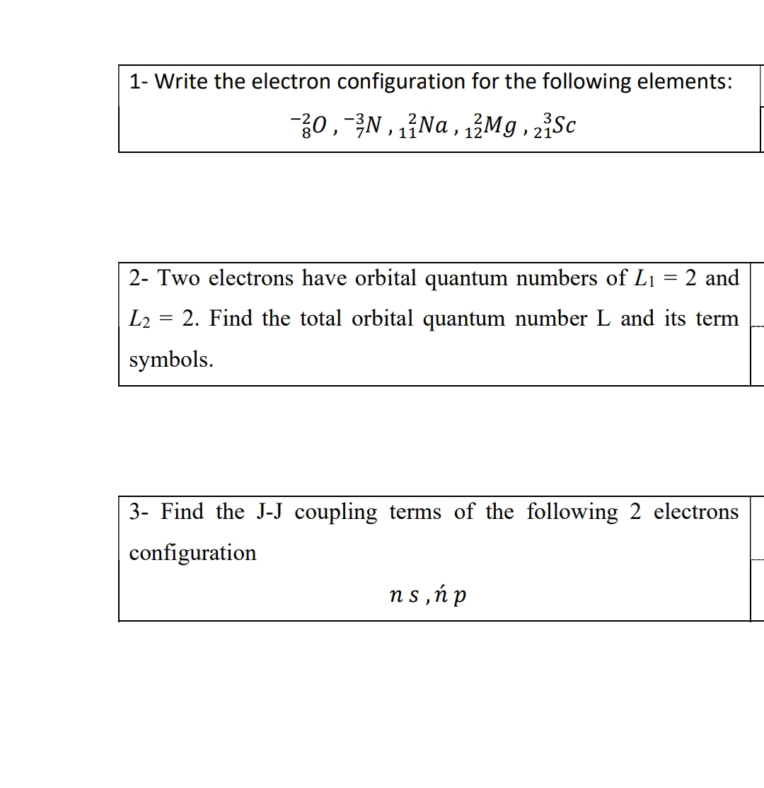 Solved 1- Write the electron configuration for the following | Chegg.com