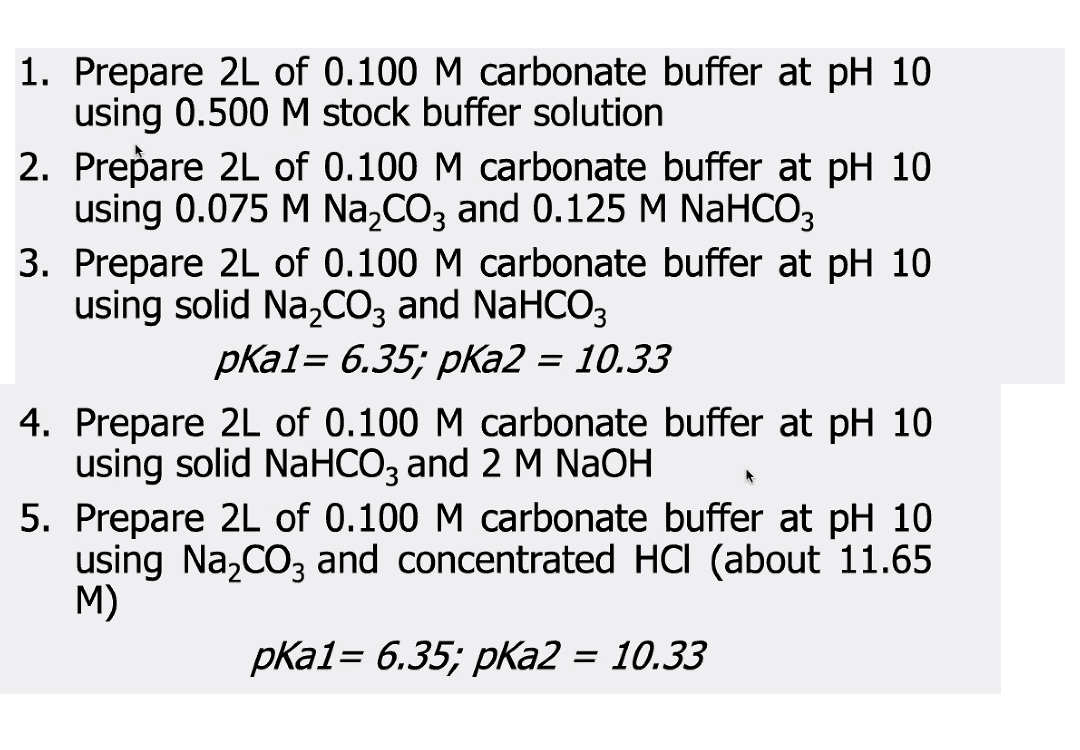 Solved 1. Prepare 2 of 0.100 M carbonate buffer at pH 10 | Chegg.com
