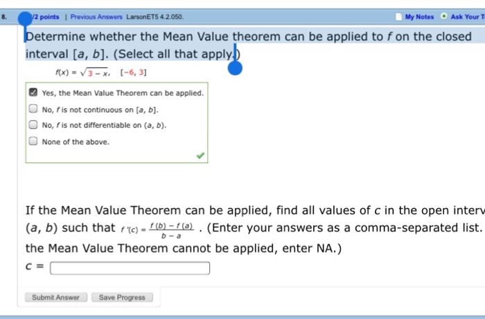 Solved Determine whether the Mean Value theorem can be | Chegg.com