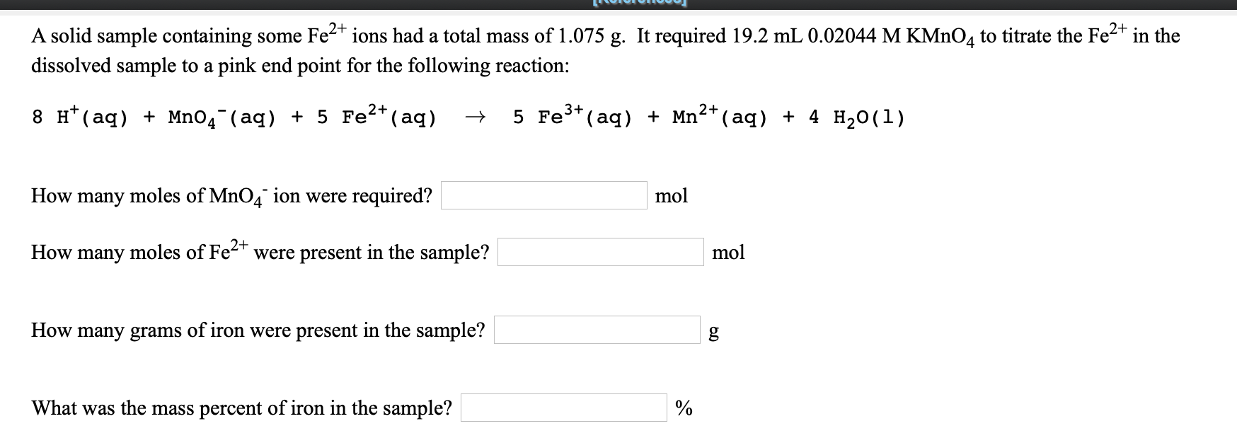 Solved A solid sample containing some Fe2+ ions had a total | Chegg.com