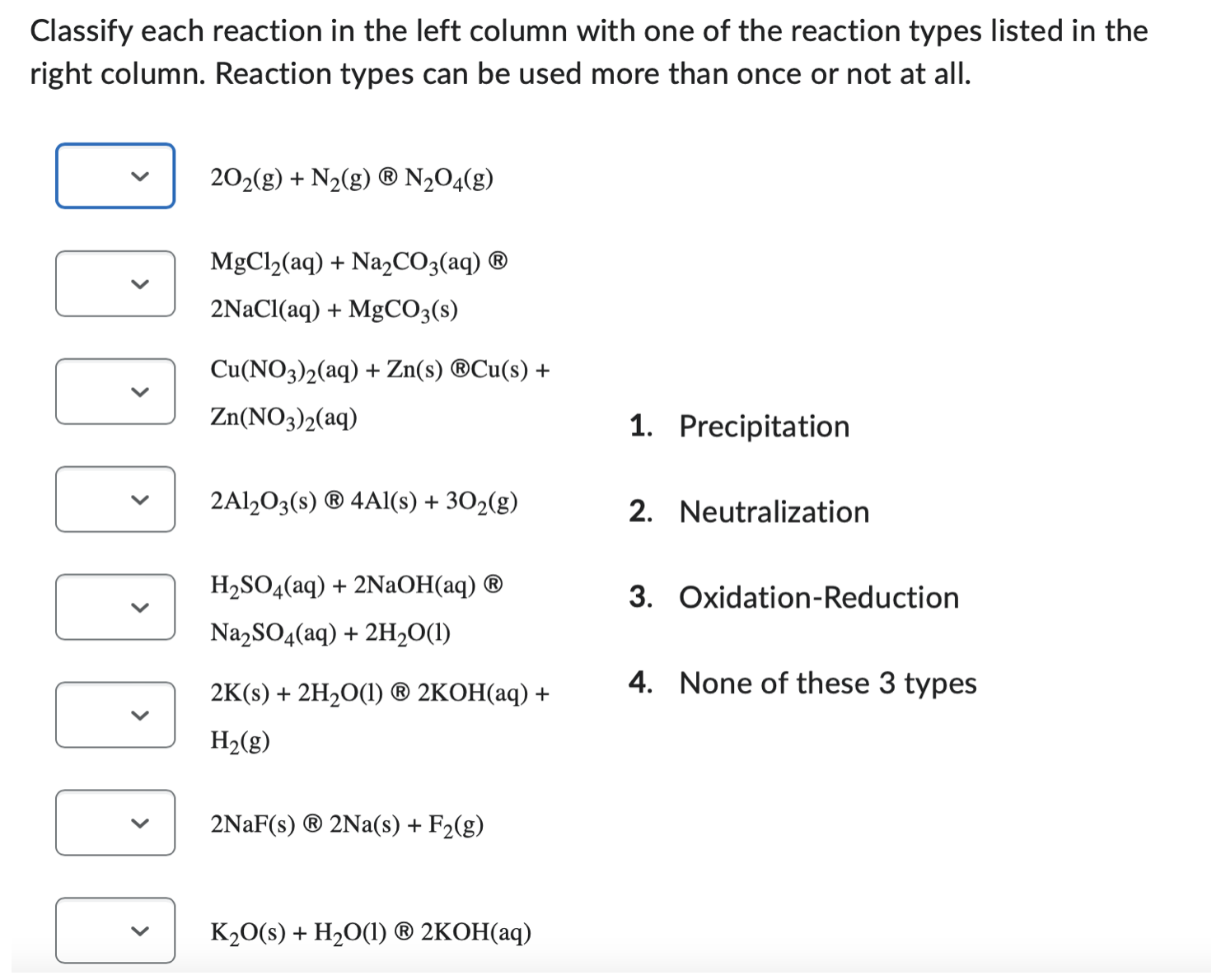 Solved Classify each reaction in the left column with one of | Chegg.com
