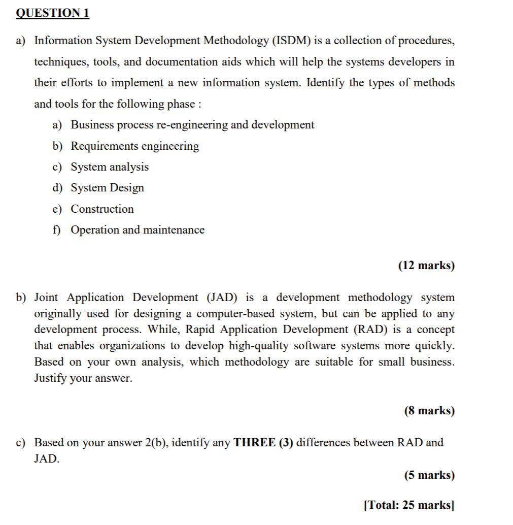 Solved QUESTION 1 a) Information System Development | Chegg.com