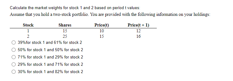 Solved Calculate the market weights for stock 1 and 2 based | Chegg.com