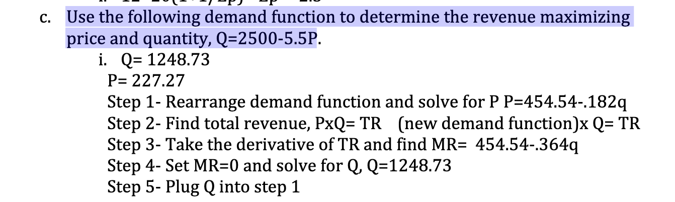 Solved c. Use the following demand function to determine the | Chegg.com