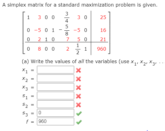 Solved A simplex matrix for a standard maximization problem | Chegg.com