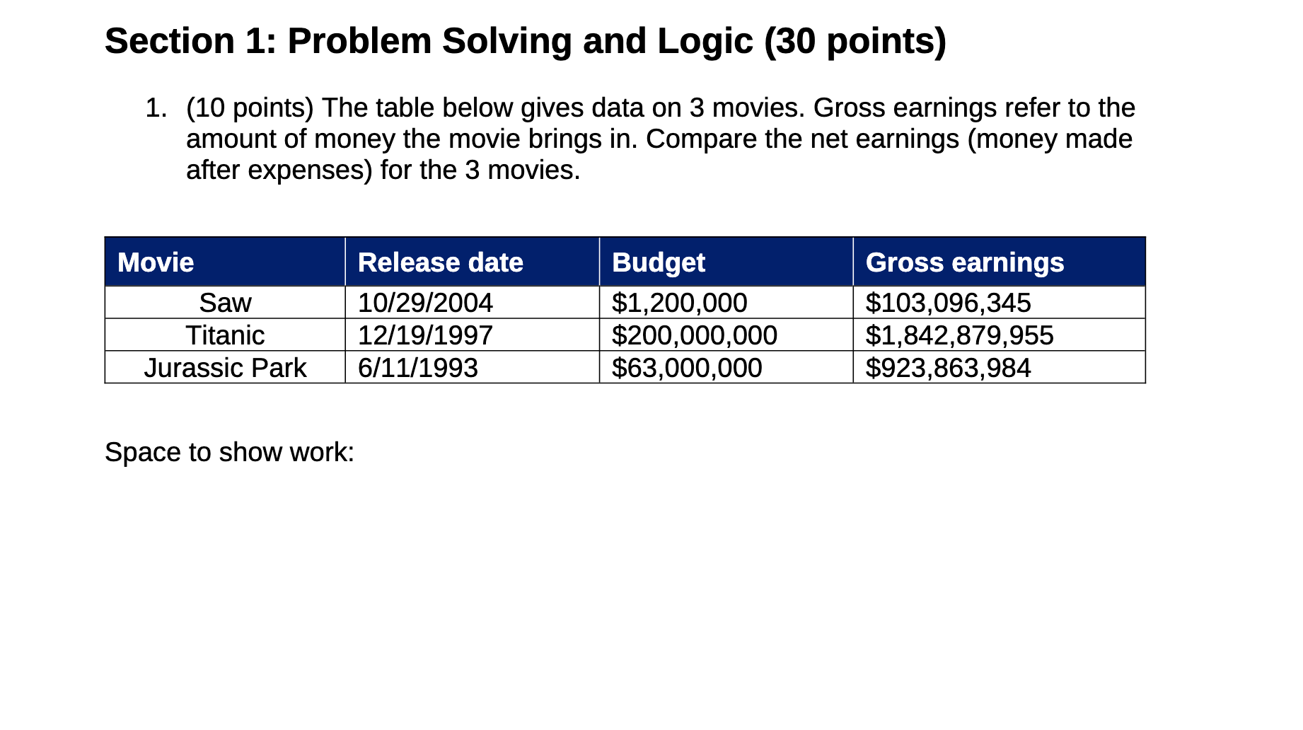 Solved Section 1 Problem Solving And Logic 30 Points 1