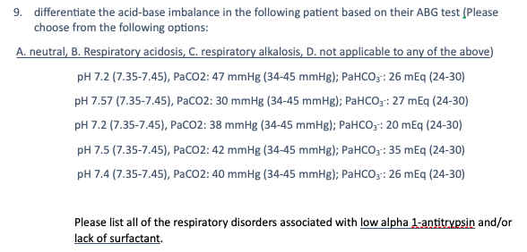 Solved 9. differentiate the acid-base imbalance in the | Chegg.com
