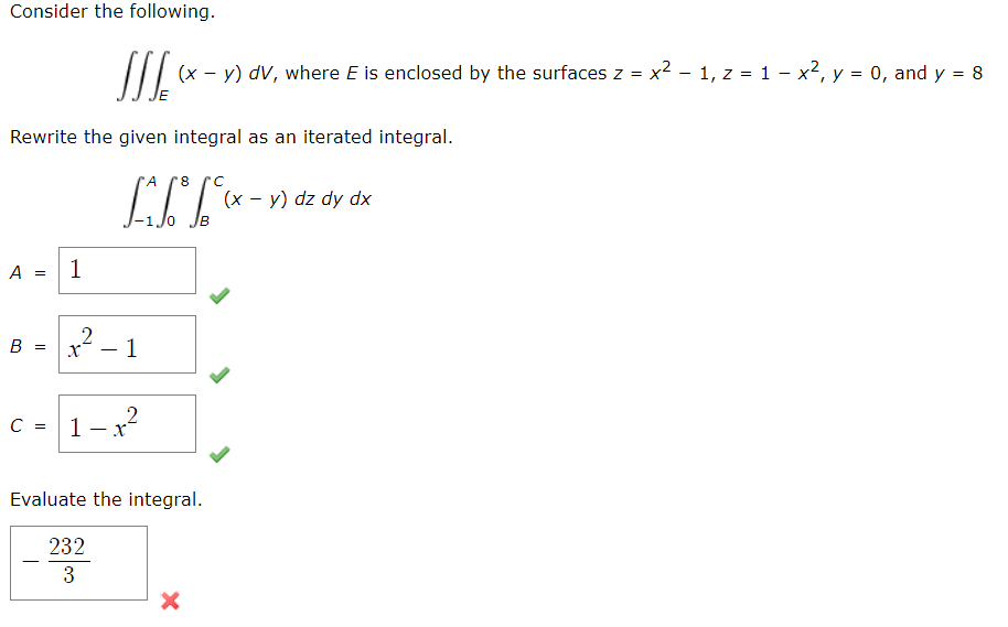 Solved Consider the following. ∭E(x−y)dV, where E is | Chegg.com