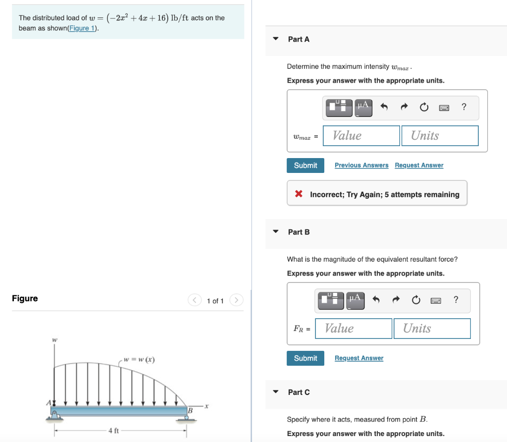 Solved The distributed load of w= (-2x2 + 4x + 16) lb/ft | Chegg.com