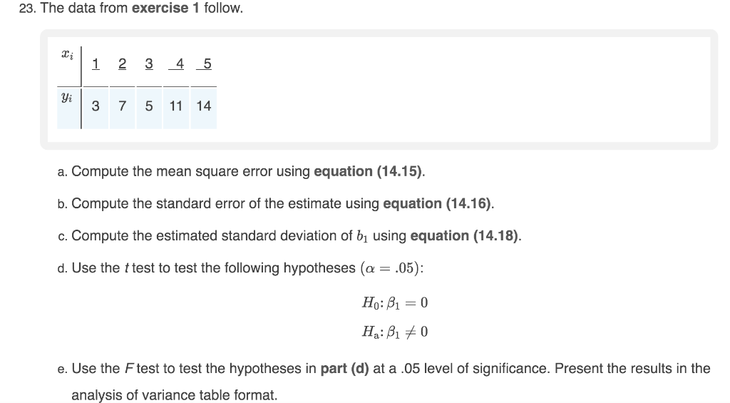 23. The data from exercise 1 follow. i 1 2 3 4 5 yi 3 | Chegg.com