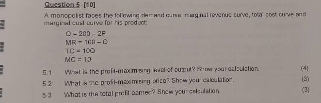 Solved A monopolist faces the following demand curve, | Chegg.com
