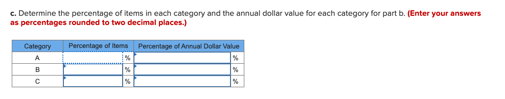 Solved c. Determine the percentage of items in each category | Chegg.com