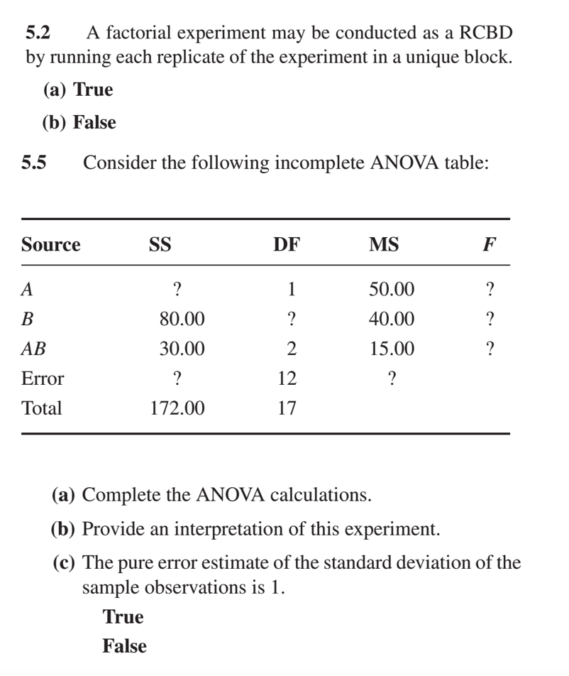 Solved 5.2 A factorial experiment may be conducted as a RCBD | Chegg.com