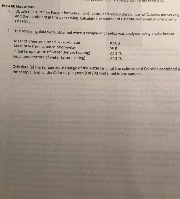 Solved escoparison to the food label. Pre-Lab Questions | Chegg.com