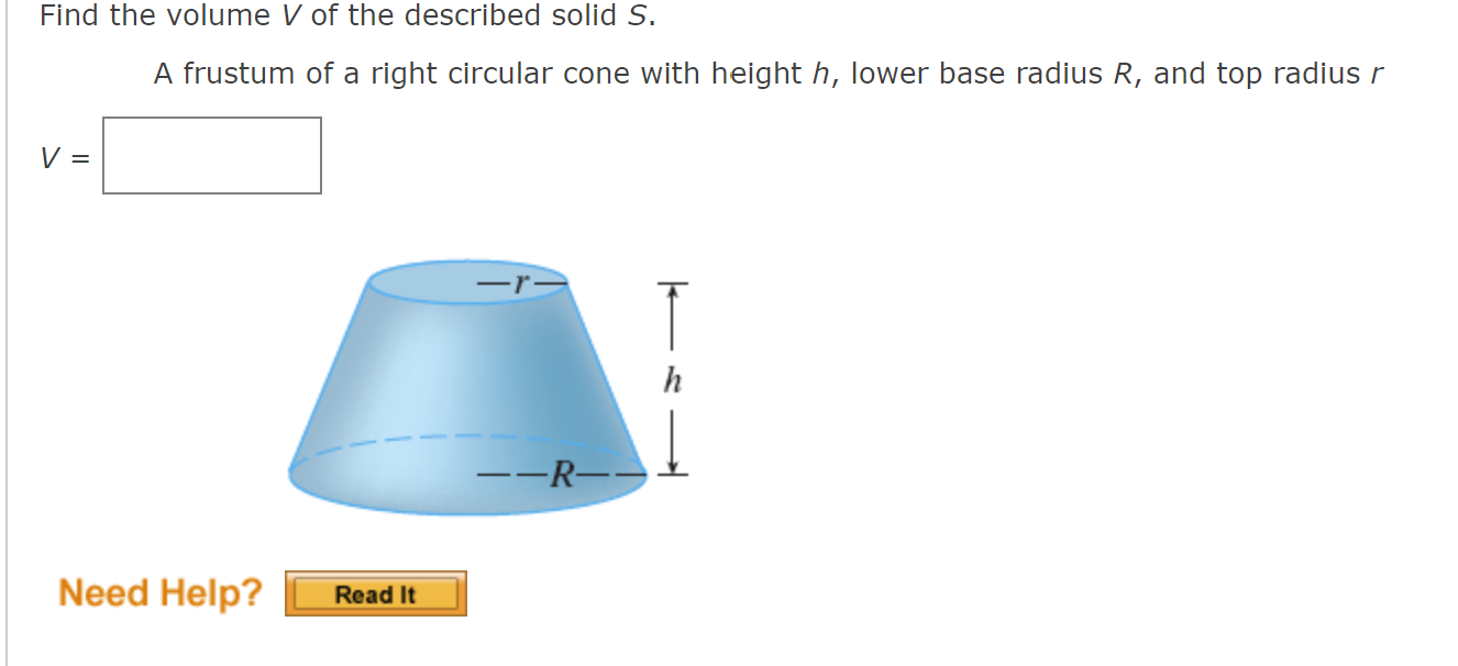 Solved Find the volume V of the described solid S. A frustum | Chegg.com
