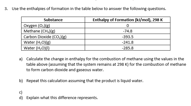 Solved 3. Use the enthalpies of formation in the table below | Chegg.com