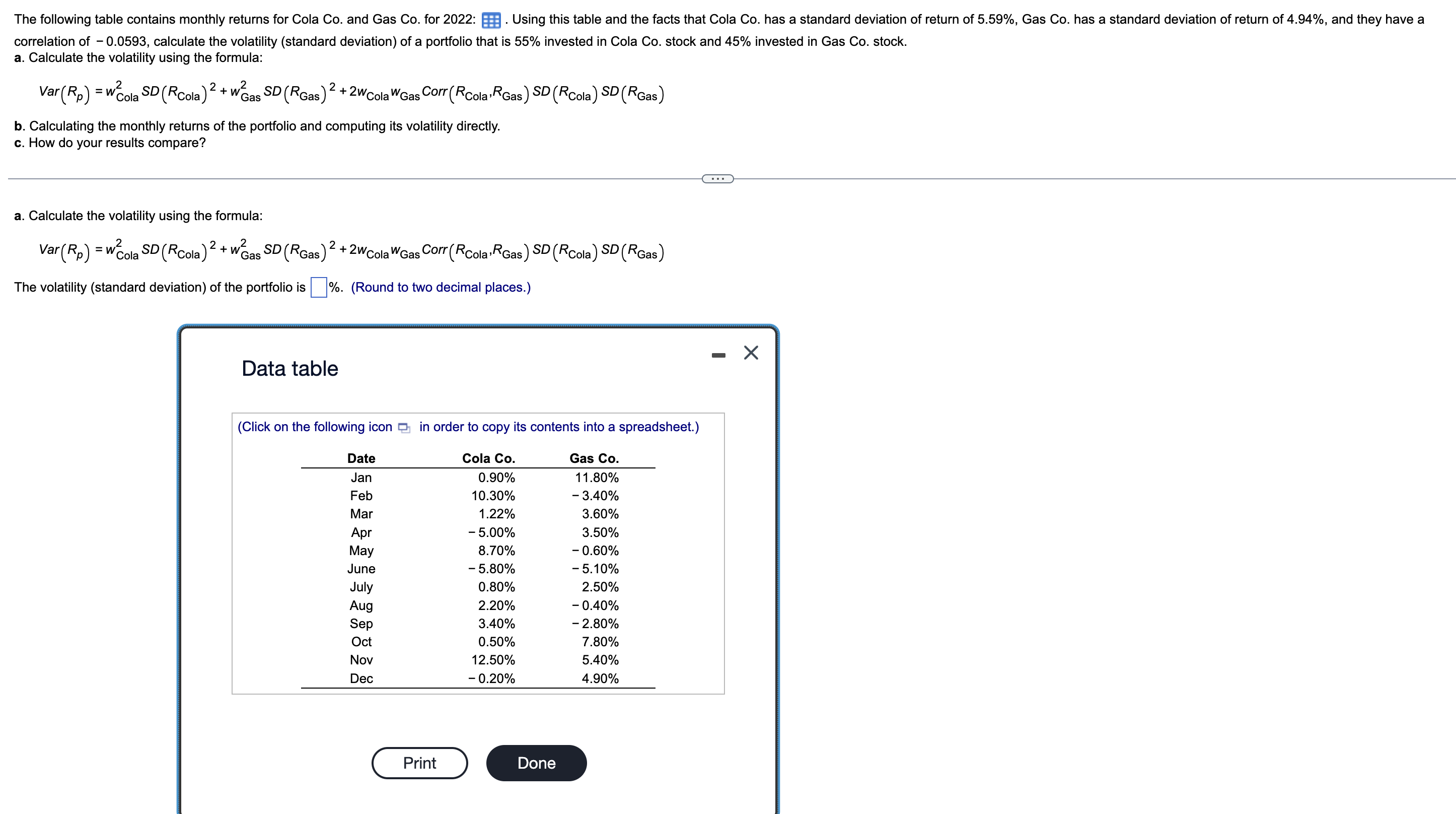 Solved correlation of -0.0593 , calculate the volatility | Chegg.com