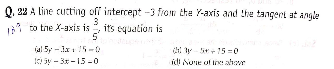 Solved Q. 22 A line cutting off intercept – 3 from the | Chegg.com
