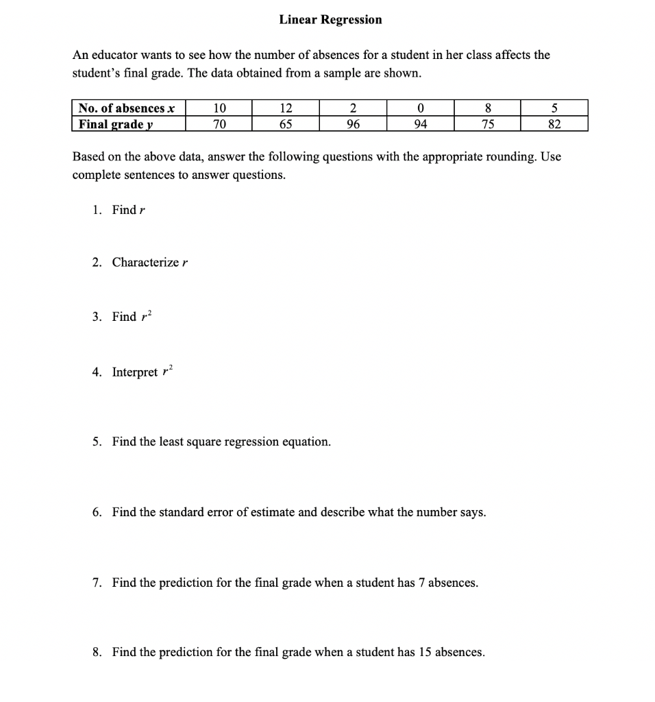Solved Linear Regression An educator wants to see how the | Chegg.com
