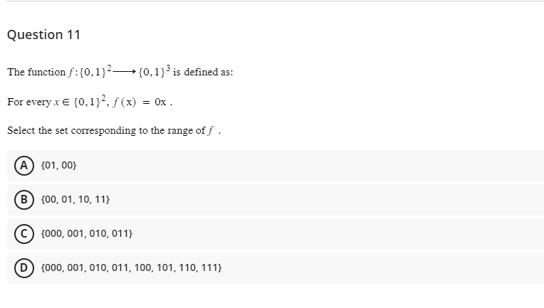 Solved The function f:{0,1}2 {0,1}3 is defined as: For every | Chegg.com