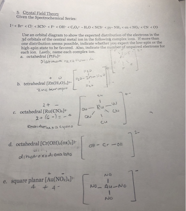 Solved 5. Crystal Field Theory Given the Spectrochemical | Chegg.com