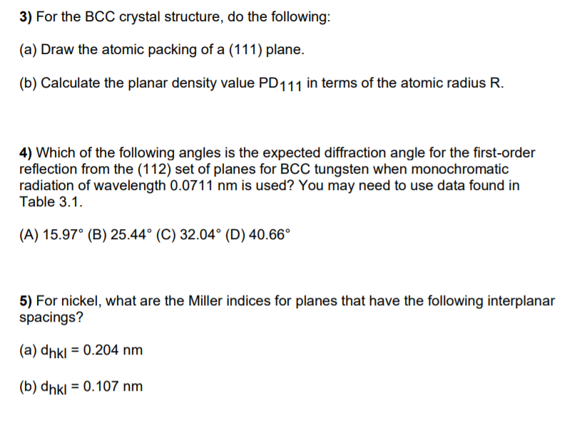 Solved 3) For the BCC crystal structure, do the following: | Chegg.com