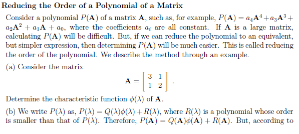 Solved Reducing the Order of a Polynomial of a Matrix | Chegg.com