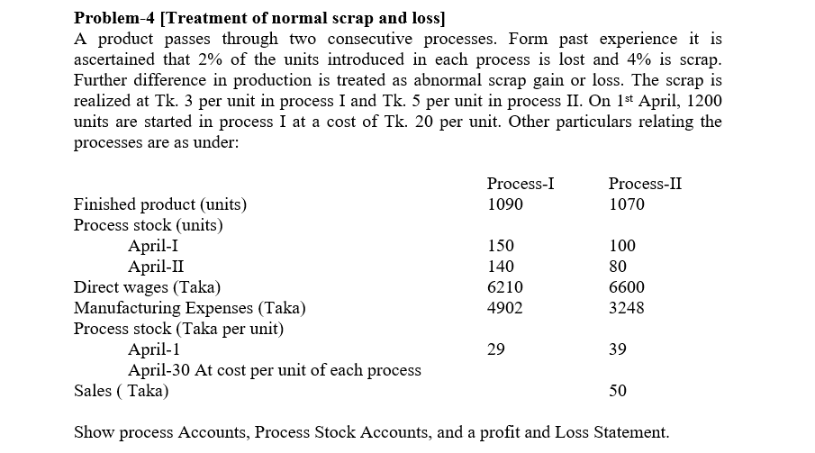 Problem-4 [Treatment of normal scrap and loss] A | Chegg.com