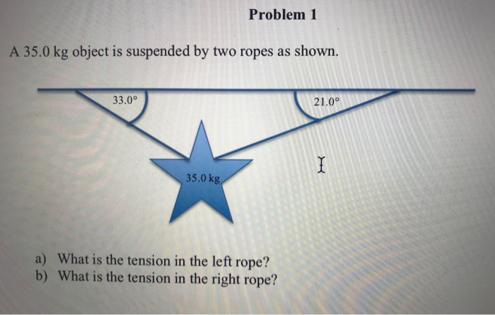 Solved Problem 1 A 35.0 kg object is suspended by two ropes | Chegg.com