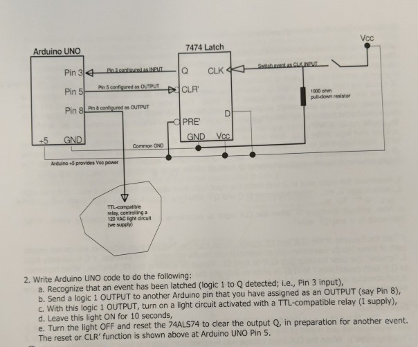 Vcc 7474 Latch Arduino UNO Q CLK CLR 1000 ahm | Chegg.com
