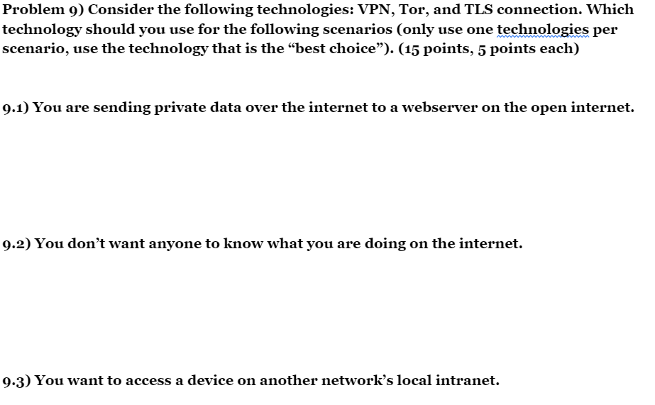 Solved Problem 9) Consider the following technologies: VPN, | Chegg.com