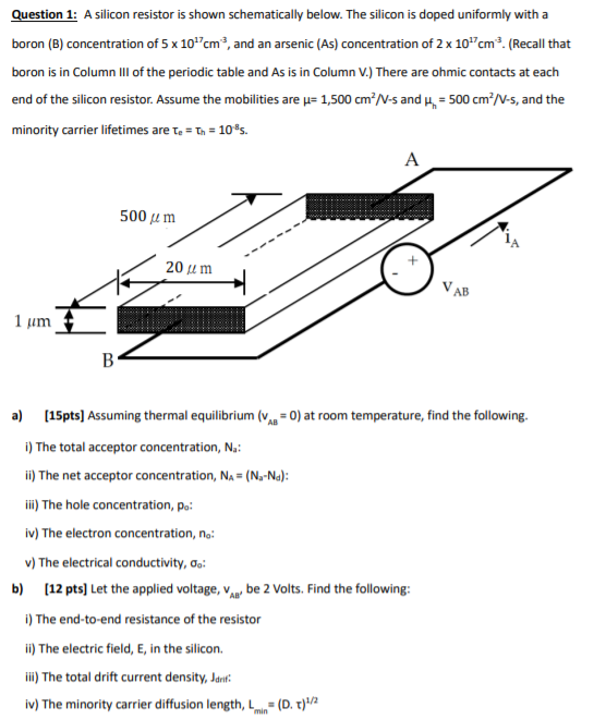 Solved Question 1: A silicon resistor is shown schematically | Chegg.com
