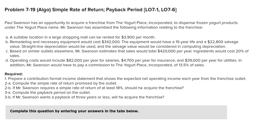 Solved Problem 7-19 (Algo) Simple Rate of Return; Payback | Chegg.com
