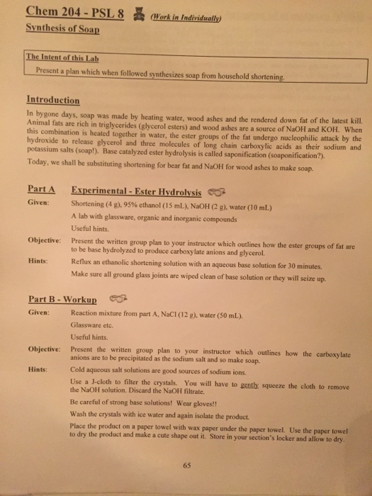 Solved CHEM 204- PSL 8 "Synthesis of Soap" Procedural Help | Chegg.com