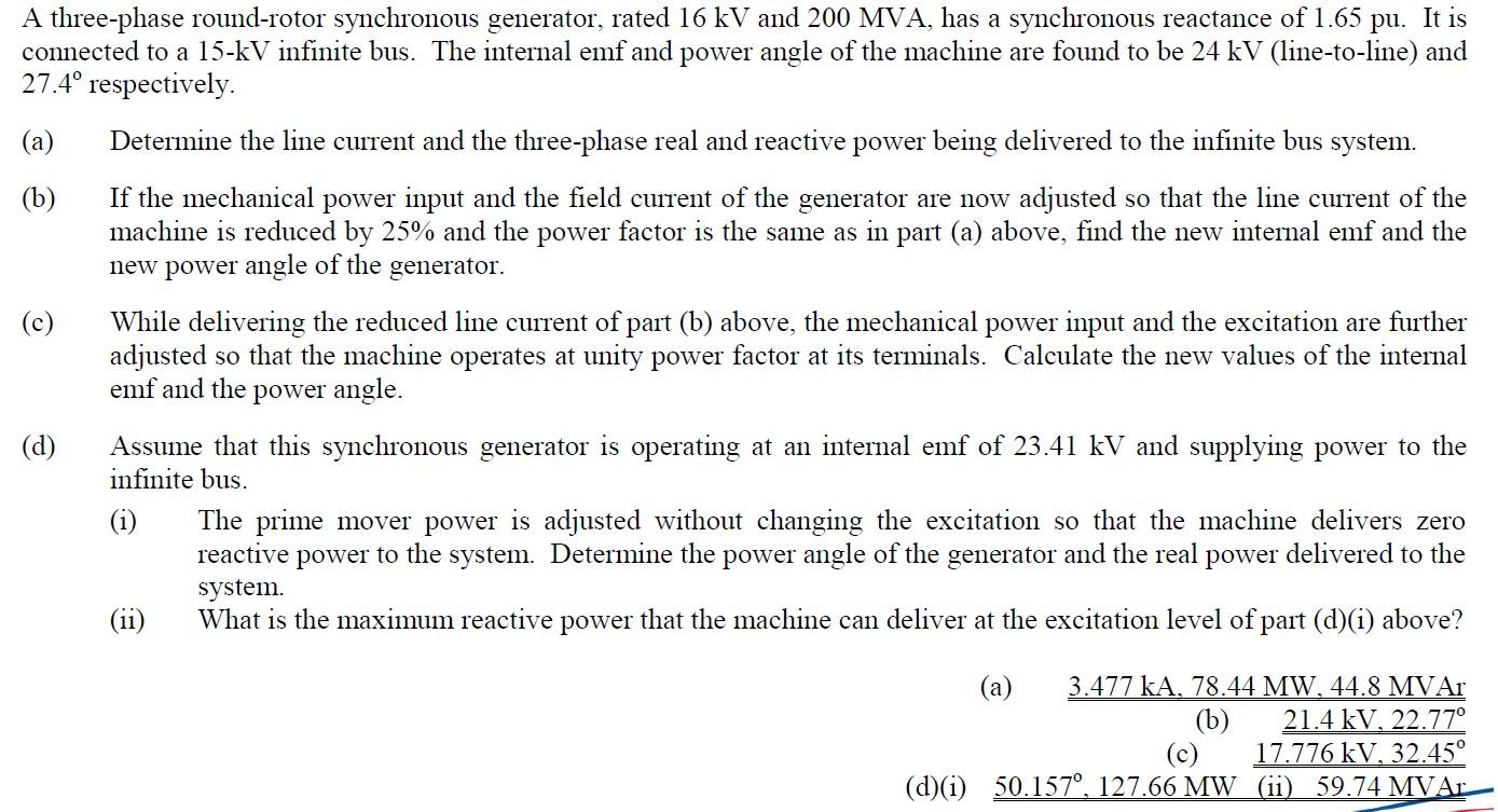 Solved B A Three Phase Round Rotor Synchronous Generator