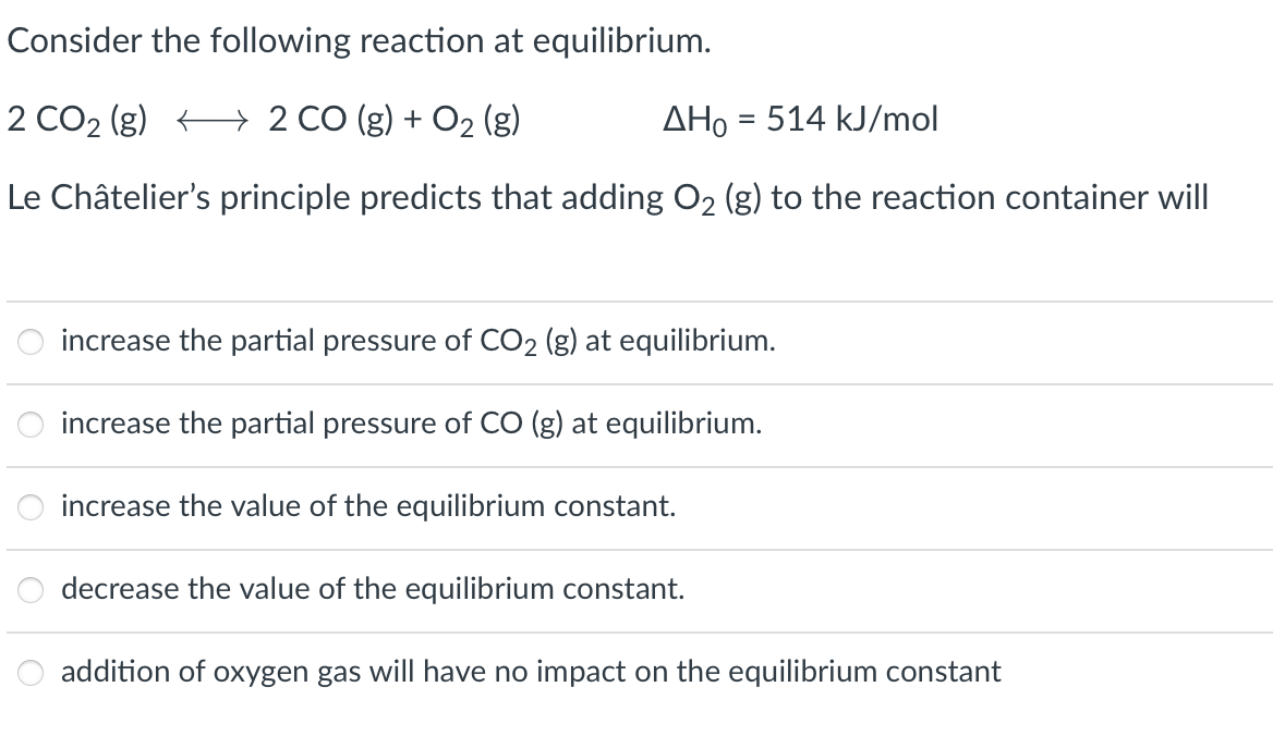 Solved Consider the following reaction at equilibrium. 2 CO2 | Chegg.com