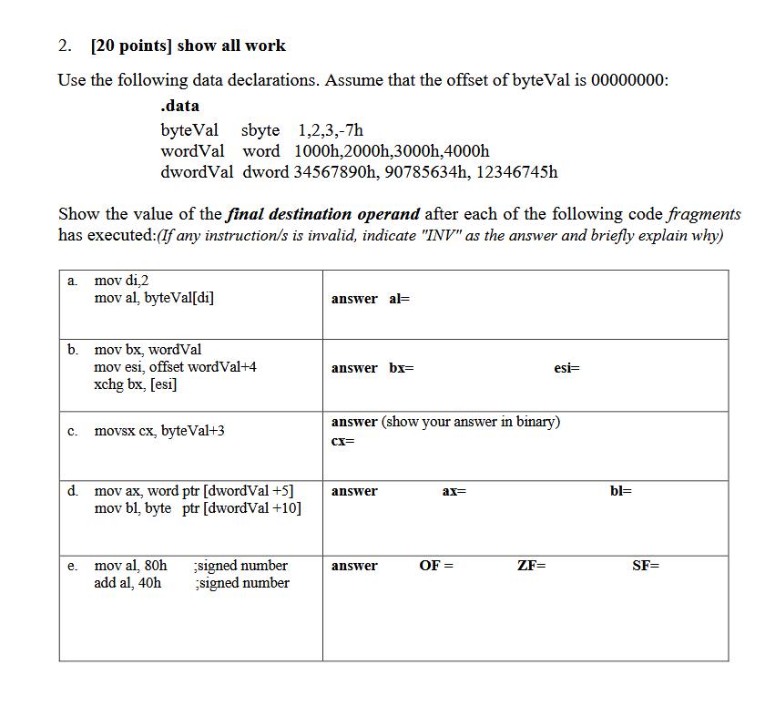 Solved Show the value of the final destination operand after | Chegg.com