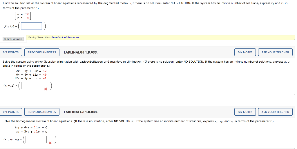 Solved Find the solution set of the system of linear | Chegg.com