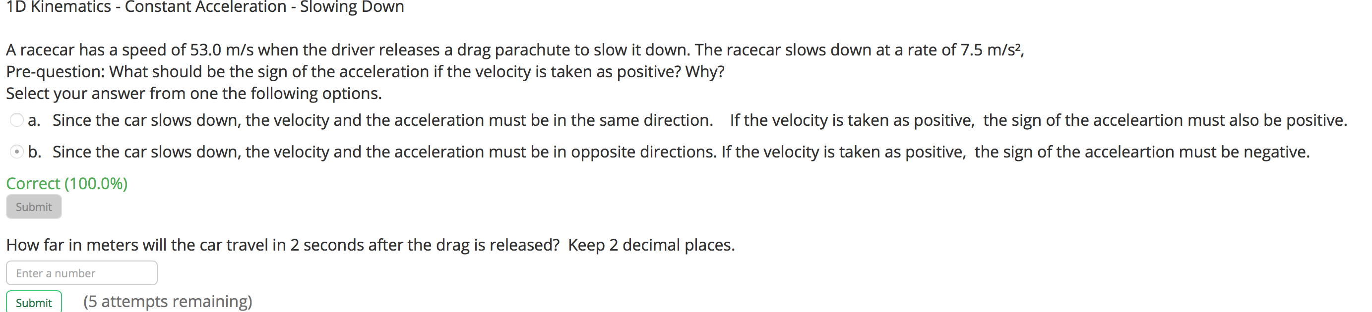 Solved 1D Kinematics - Constant Acceleration - Slowing Down | Chegg.com