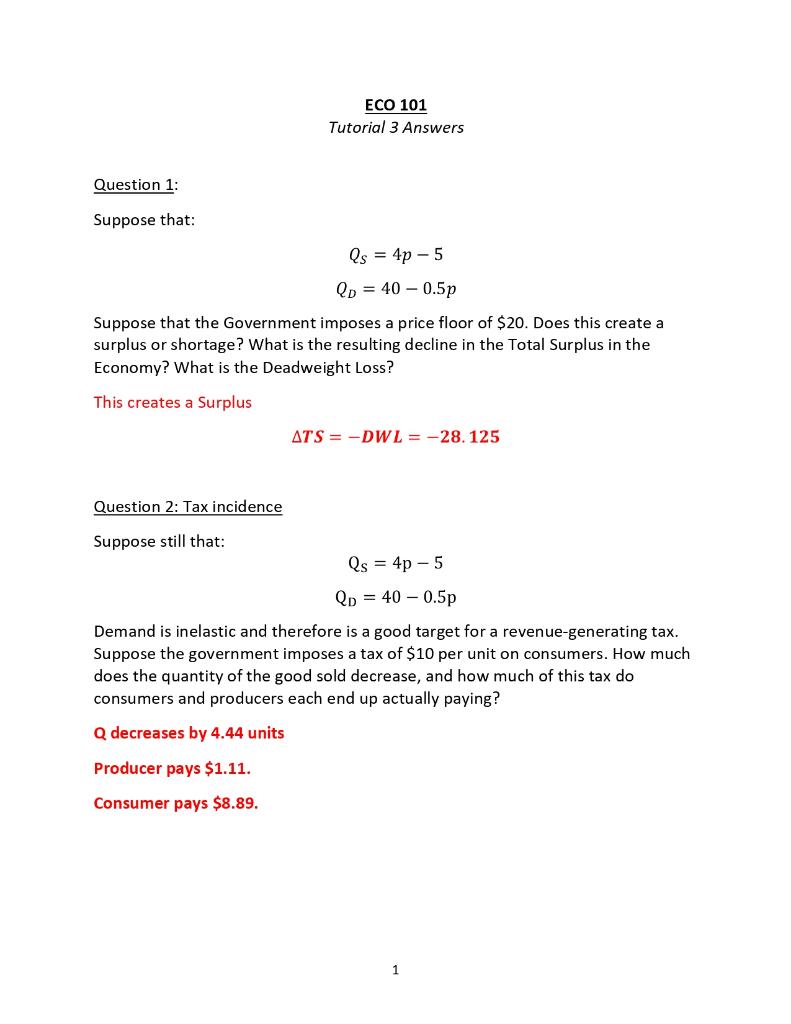 Solved Tutorial 3 Answers ECO 101 Question 1: Suppose that: | Chegg.com