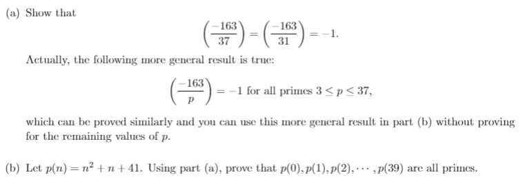 Solved (a) Show that (37−163)=(31−163)=−1. Actually, the | Chegg.com