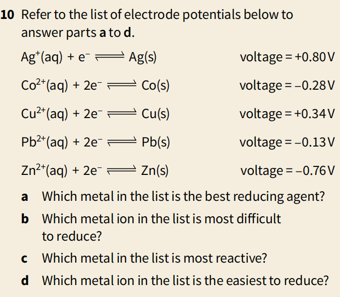 Solved 10 Refer to the list of electrode potentials below to | Chegg.com
